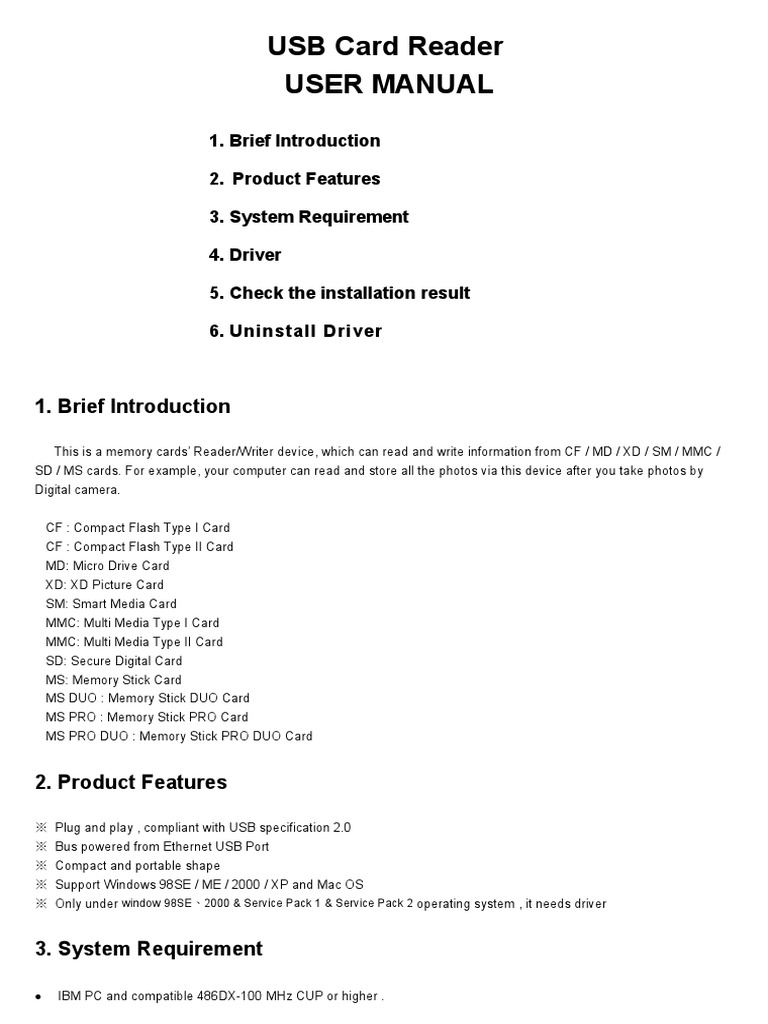 USB Card Reader User Manual | PDF | Usb Flash Drive | Secure Digital
