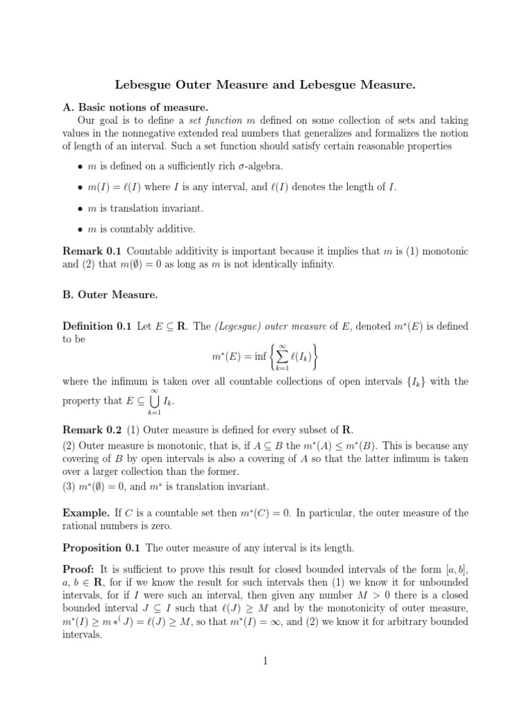 Lebesgue Outer Measure and Lebesgue Measure | PDF | Measure ...