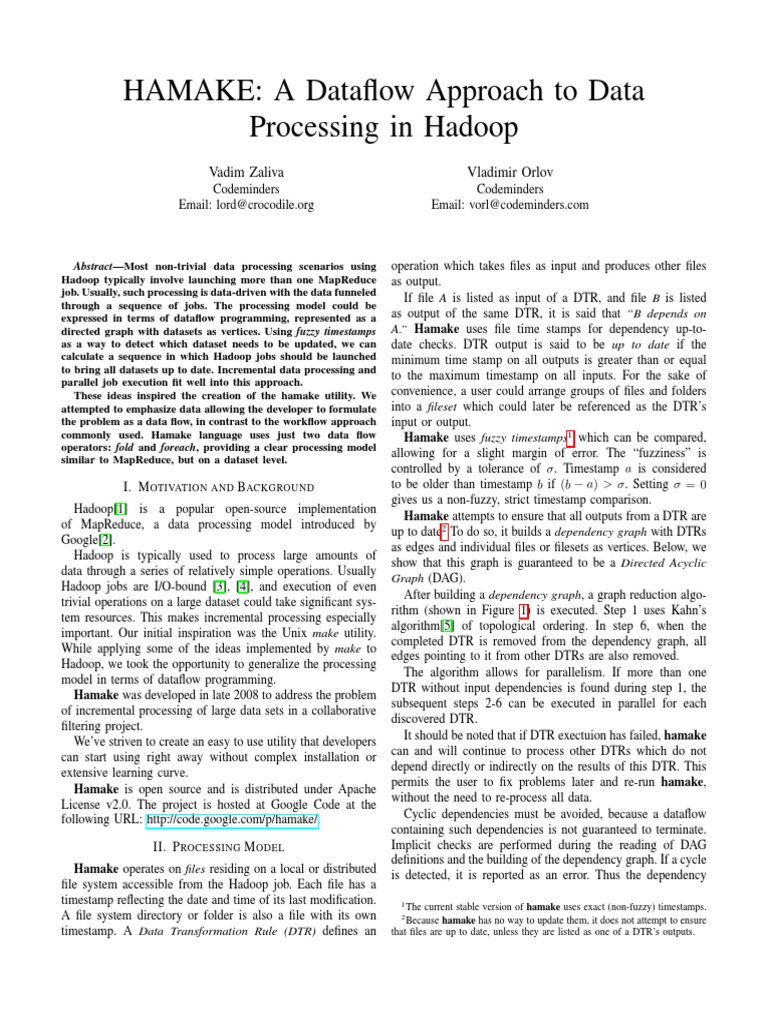 HAMAKE: A Dataflow Approach To Data Processing in Hadoop: Vadim Zaliva Vladimir Orlov | PDF ...