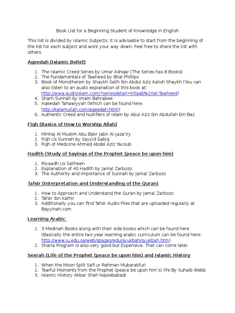 Beginner's Islamic Book List | PDF | Muhammad | Western Philosophy