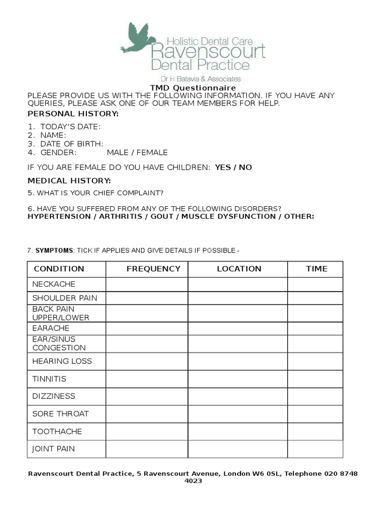 TMD Questionnaire | PDF | Epidemiology | Medical Specialties