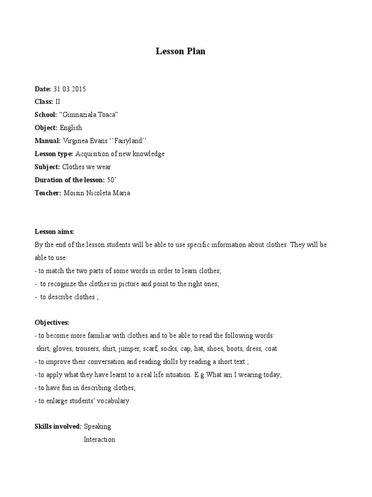 Lesson Plan Clothes | PDF | Lesson Plan | Vocabulary