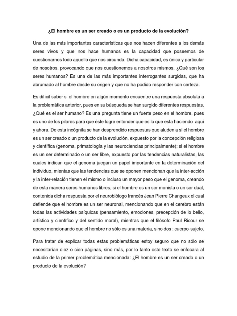 El Hombre Es Un Ser Creado o Es Un Producto de La Evolución PDF ...