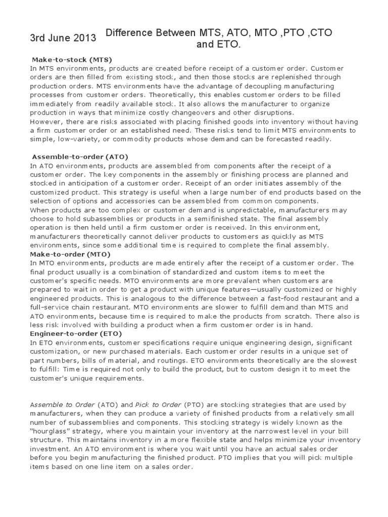 Difference Between Mts, Ato, Mto ,Pto ,Cto and Eto | Inventory | Business