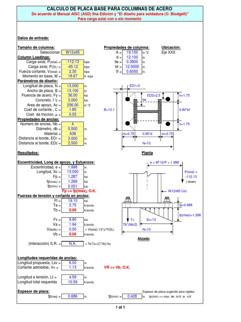 Calculo de Placa Base y Anclas AISC ASD | PDF | Ingeniería mecánica ...