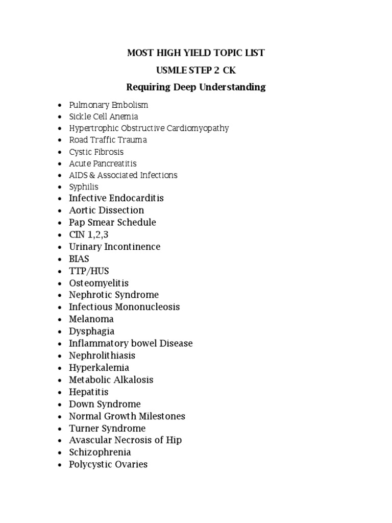 High Yield Topic List For Usmle Step 2 CK | PDF | Science & Mathematics