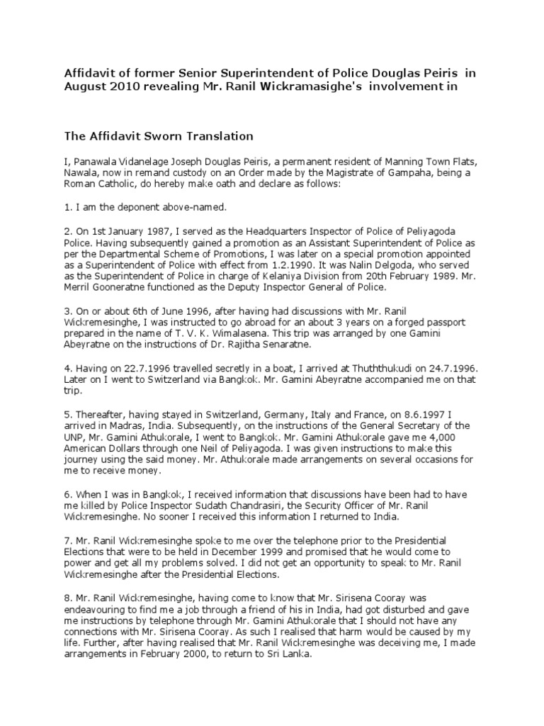 Ranil & Batalanda - SSP Douglas Peiris | PDF | Affidavit | Law Enforcement