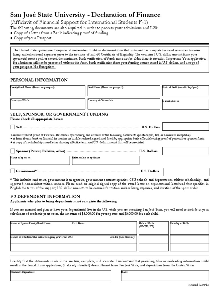 Affidavit of Financial Support | PDF | Government | Students