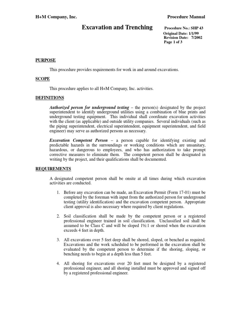 Excavation and Trenching: H+M Company, Inc. Procedure Manual | PDF ...