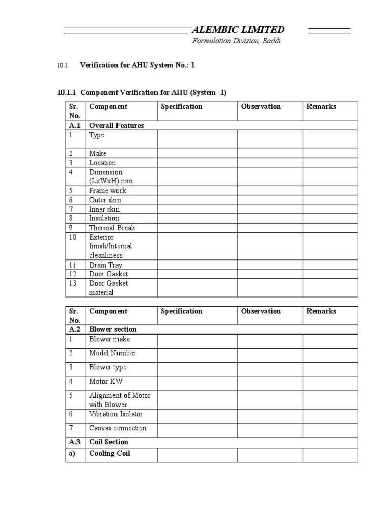 Verification Report for AHU System No. 1 | PDF | Duct (Flow) | Pipe ...