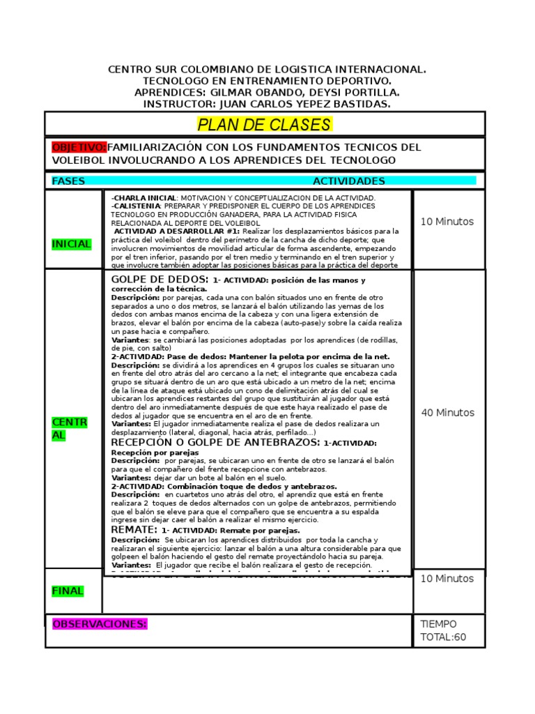 Plan de Clase Para desarrollar los Fundamentos Tecnicos Voleibol | Vóleibol | Pelota