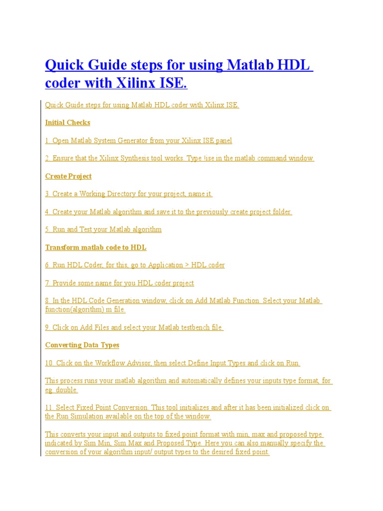 Quick Guide Steps For Using Matlab Hdl Coder With Xilinx Ise Pdf Hardware Description