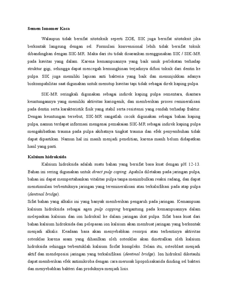 Bahan Pulp Capping: SIK, Kalsium Hidroksida, Biodentine, MTA | PDF