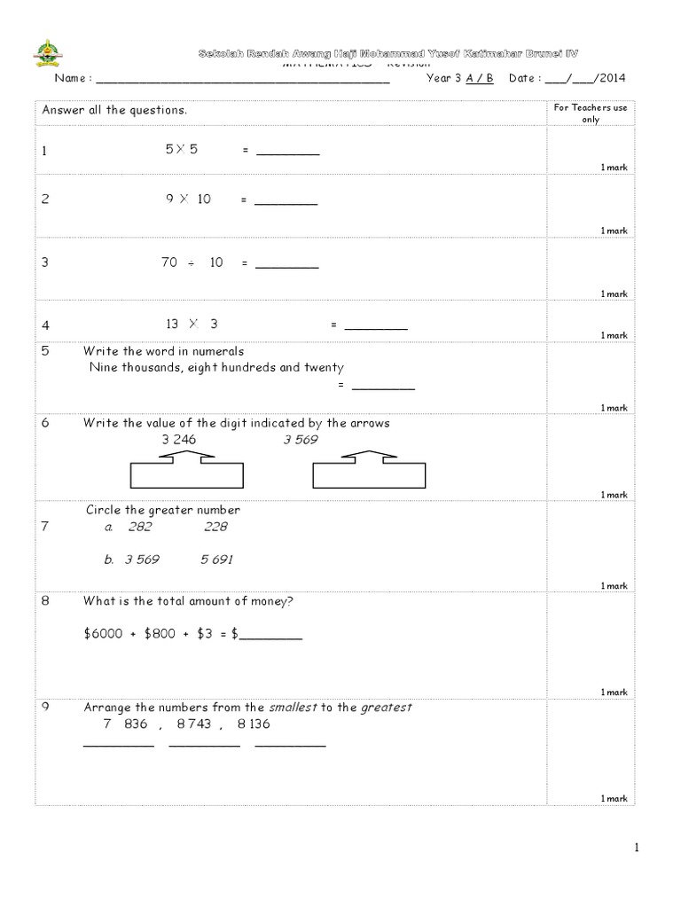 Year 3 Mathematics Revision Paper | PDF