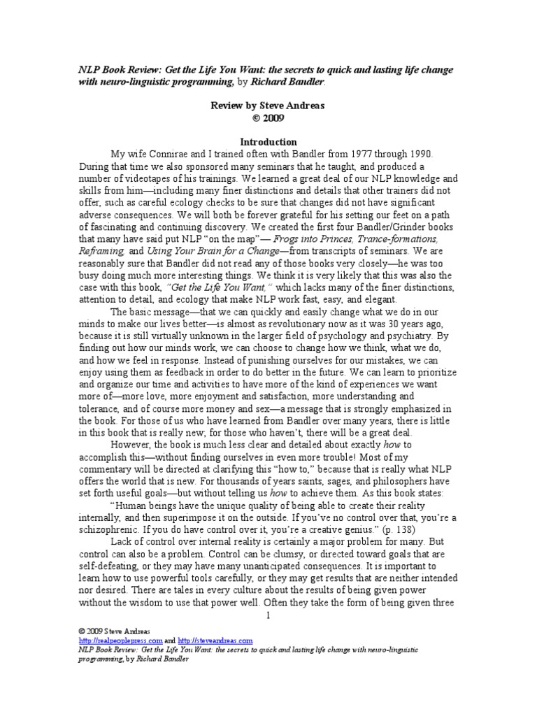 Steve Andreas NLP Book Review of Get The Life You Want | Download Free ...