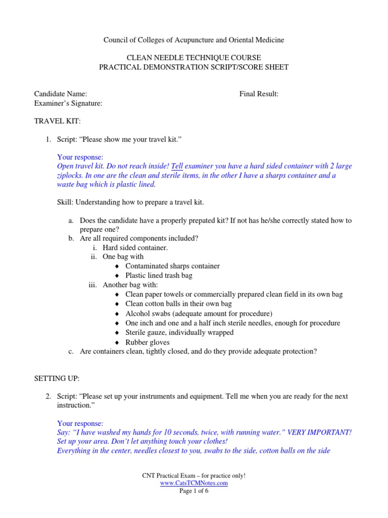 Acu Tech I - Clean Needle Practical Exam - Cópia | PDF | Hand Washing ...