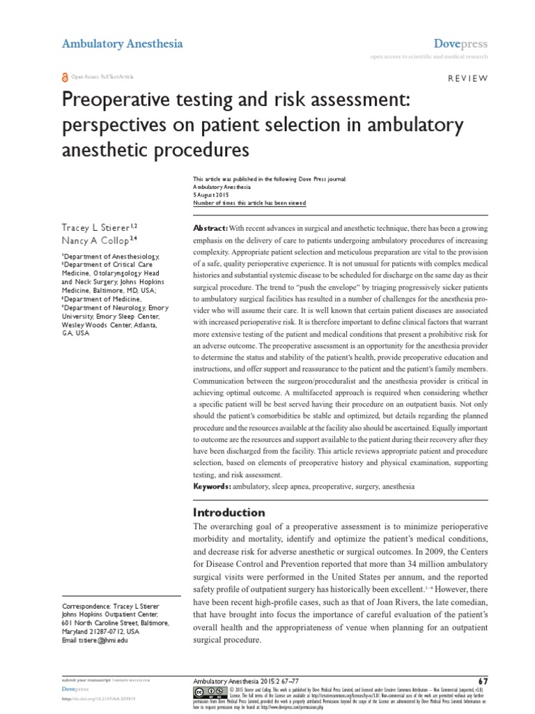Preoperative Testing and Risk Assessment Perspectives On Pa 080515 ...