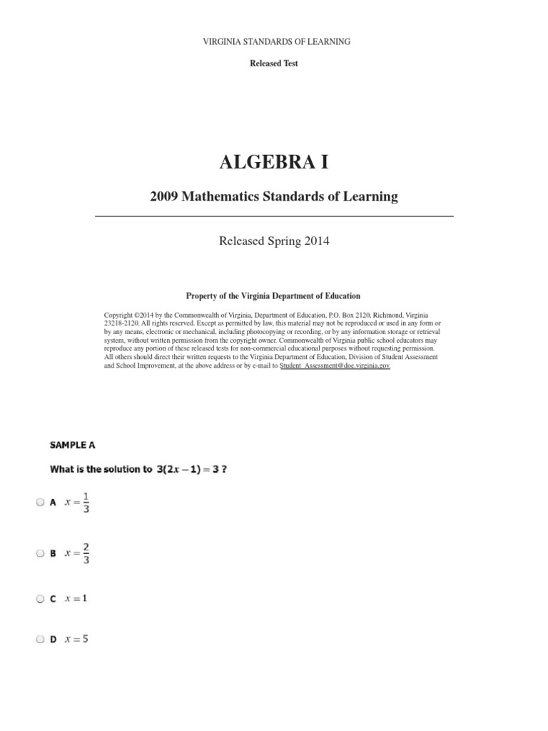 Algebra 1 Sol 2013 | PDF | Equations | Function (Mathematics)