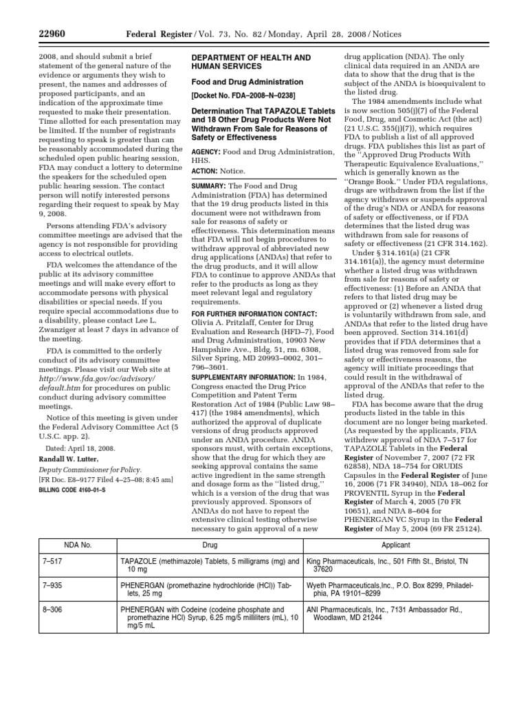 Notice: Draft Guidance For Industry: TAPAZOLE Tablets and 18 Other Drug ...