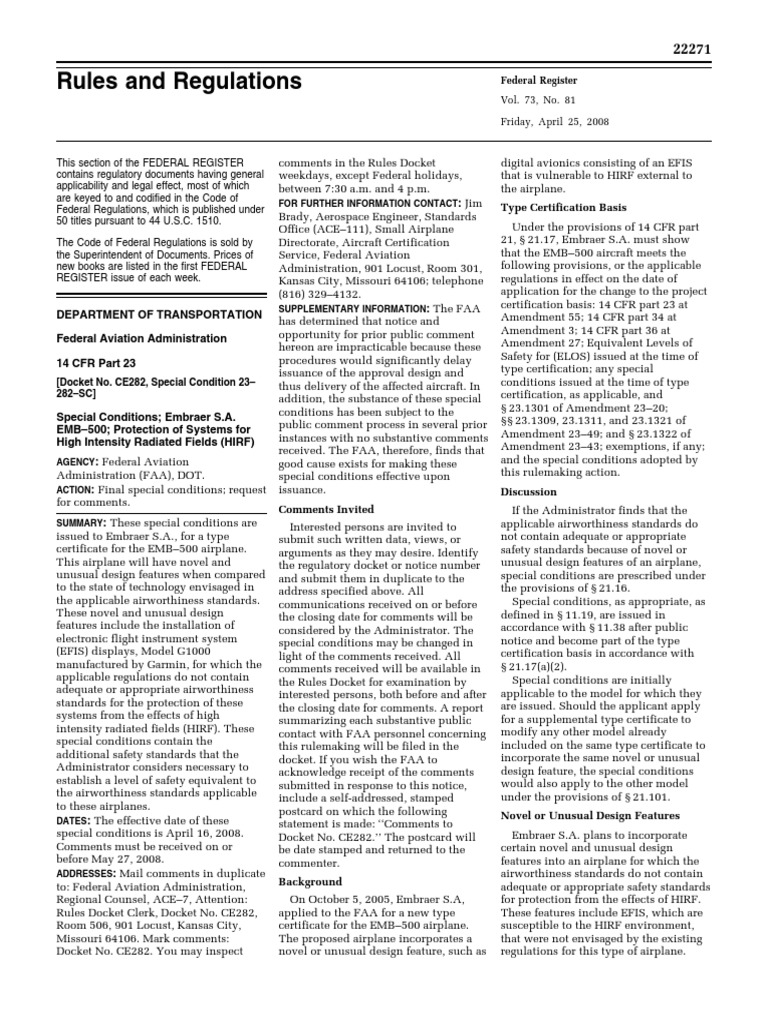 Rule: Special Conditions: Embraer S.A. EMB-500 Protection of Systems ...