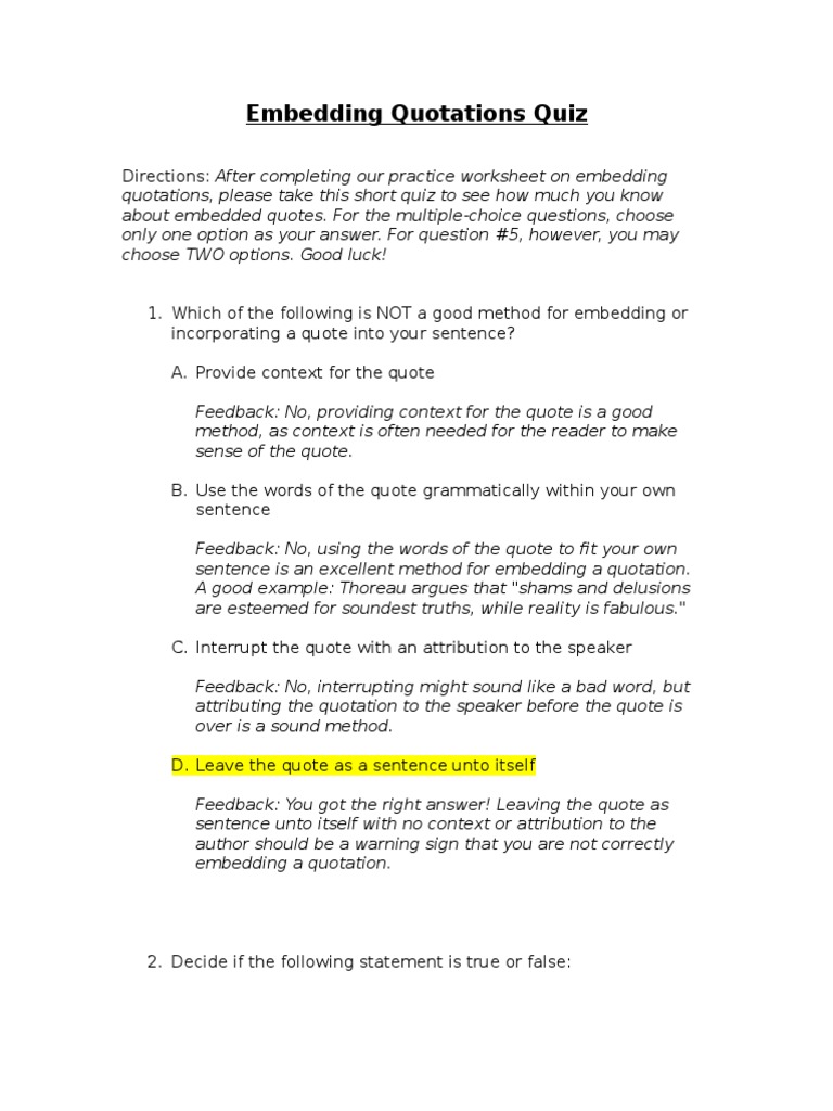 Embedding Quotations Quiz | PDF | The Great Gatsby | Cognitive Science