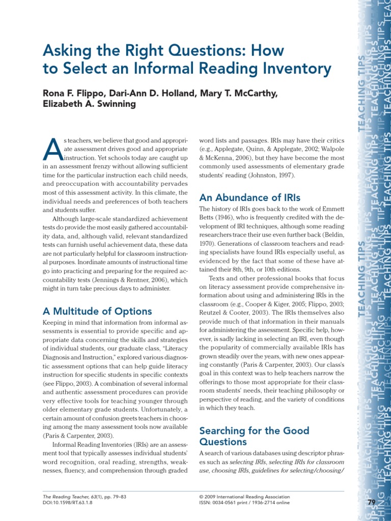 Asking The Right Questions How To Select An Informal Reading Inventory ...