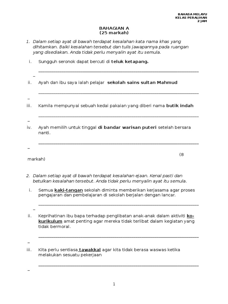 Contoh Soalan Ujian Bm Peralihan