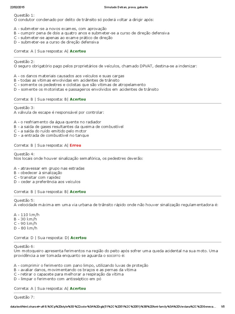 Simulado Detran, Prova, Gabarito | PDF | Tráfego | Pneu