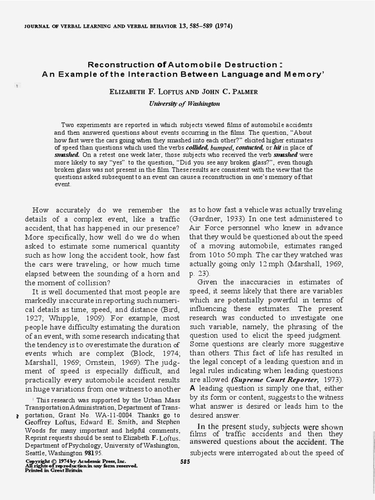 Loftus and Palmer (1974) | Memory | Traffic Collision