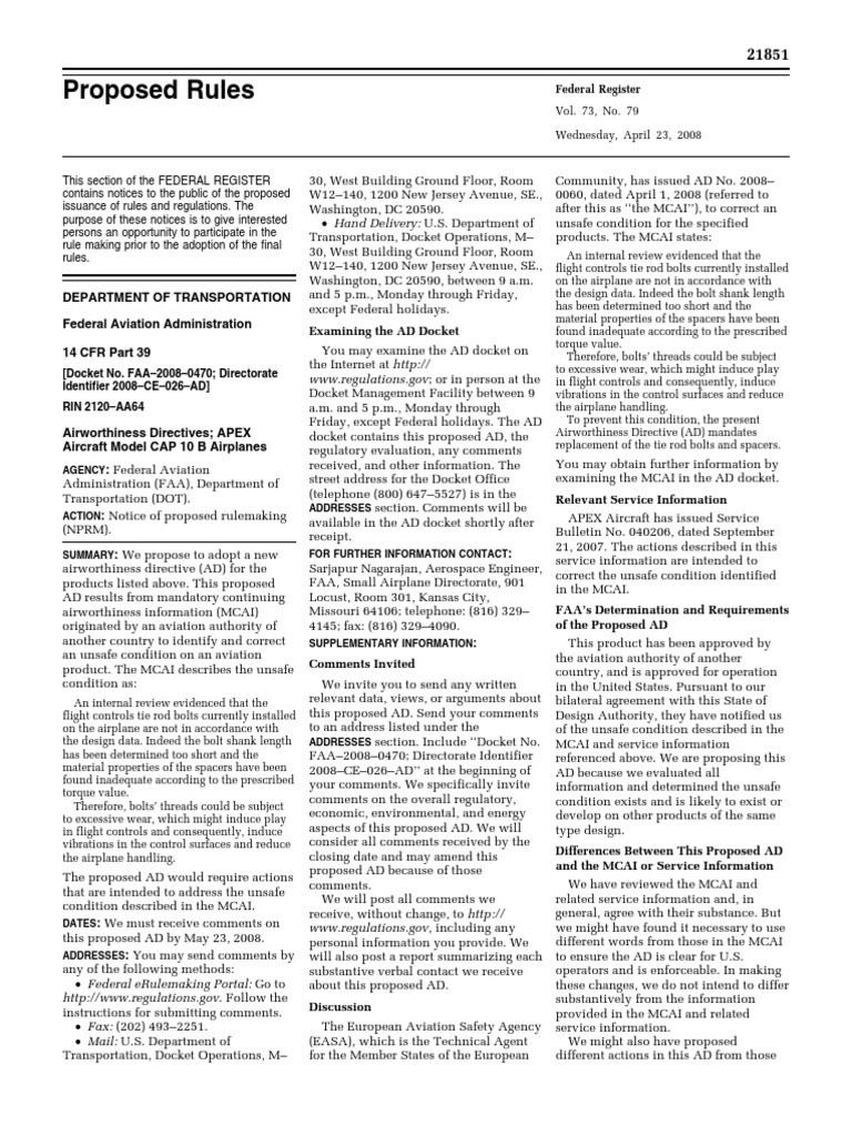 Proposed Rule: Airworthiness Directives: APEX Aircraft Model CAP 10 B ...