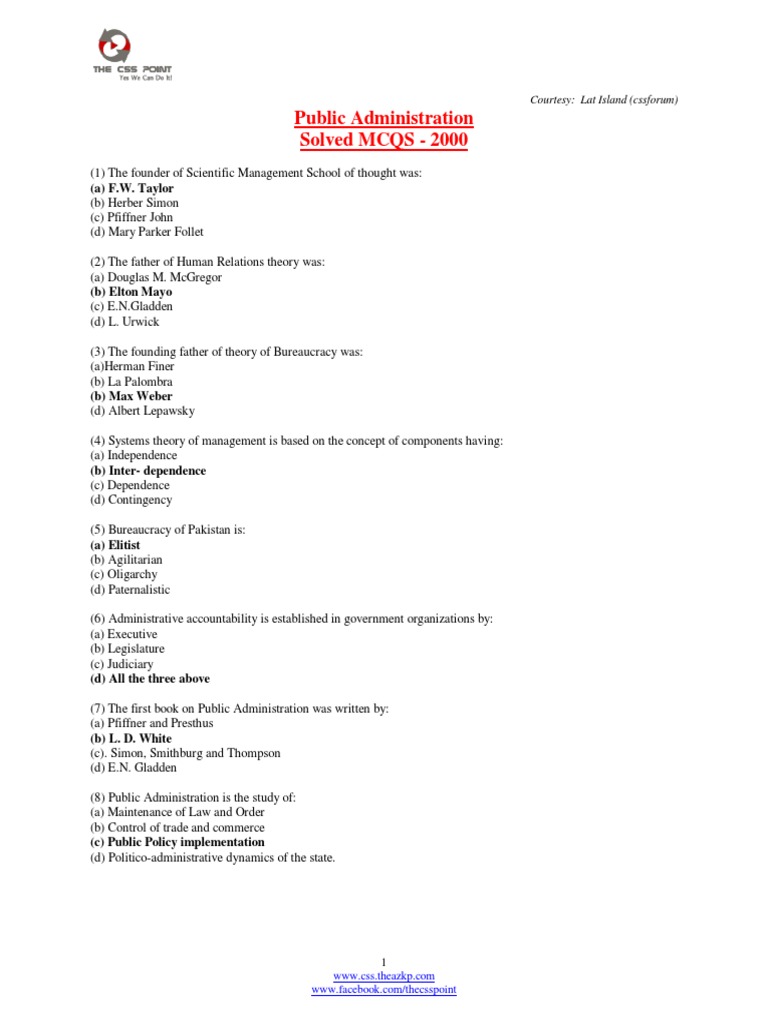 Public Administration MCQs Overview | PDF | Leadership | Motivation