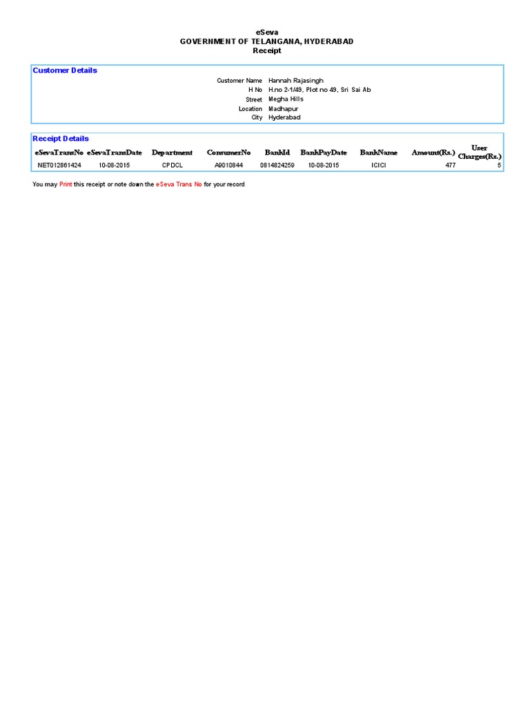 eSeva Receipt for Hannah Rajasingh | PDF