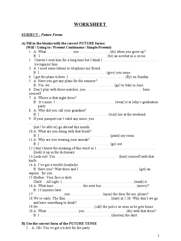 WORKSHEET Future Tenses | PDF