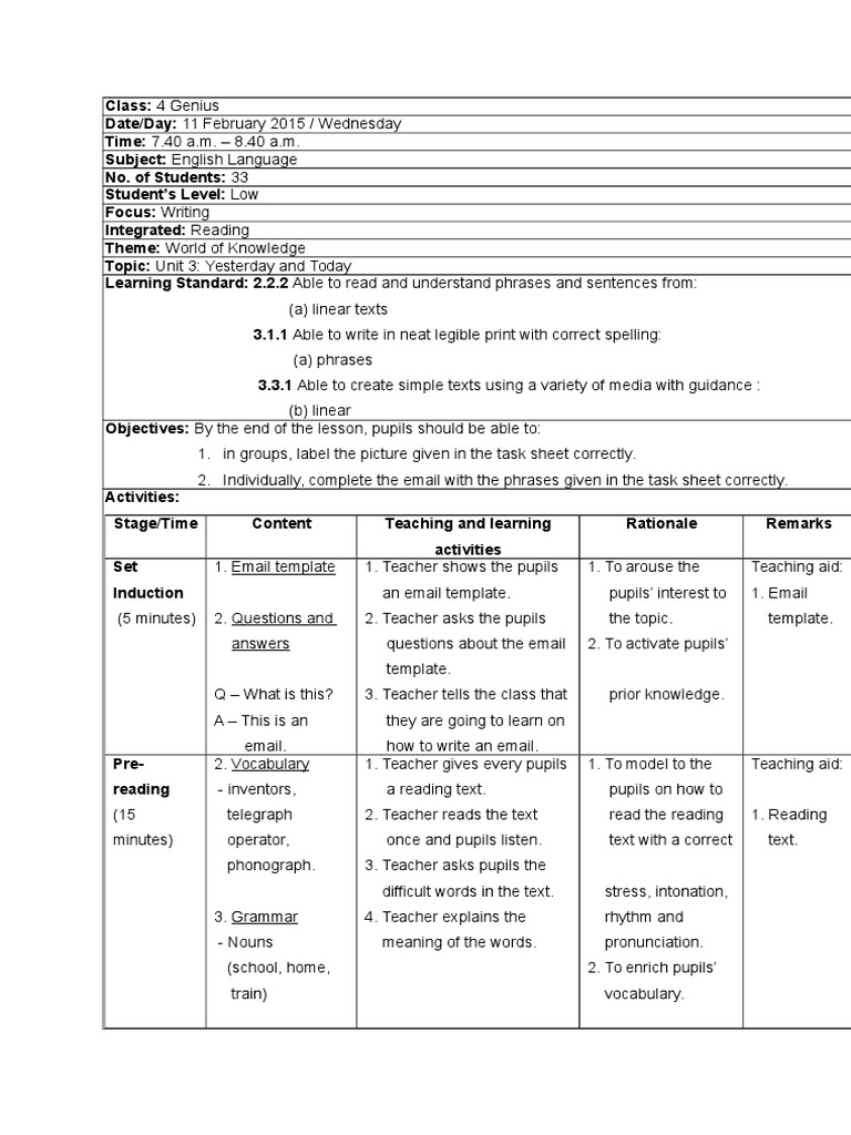 Reading Lesson Plan (Year 4) | PDF | Reading (Process) | Lesson Plan