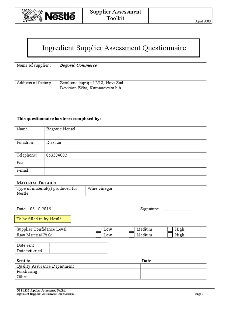 Ingredient Supplier Assessment Form | PDF | Audit | Calibration