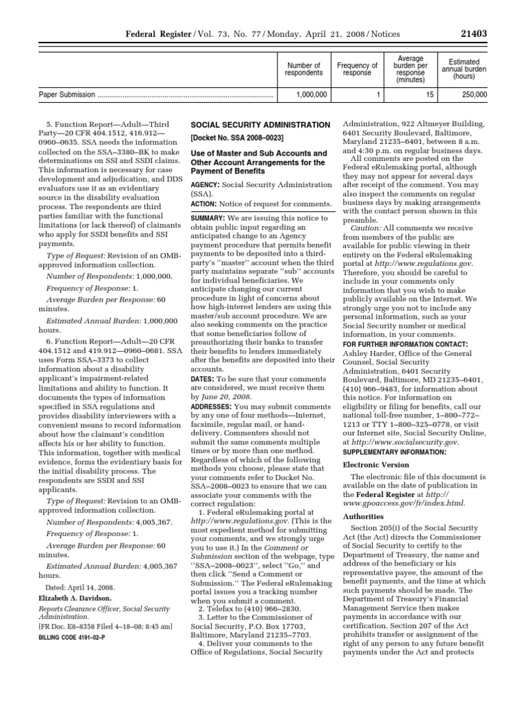 Notice: Use of Master and Sub Accounts and Other Account Arrangements For The Payment of ...