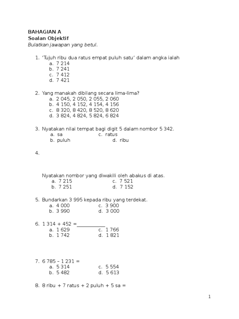 Soalan Matematik Tahun 3 Pdf