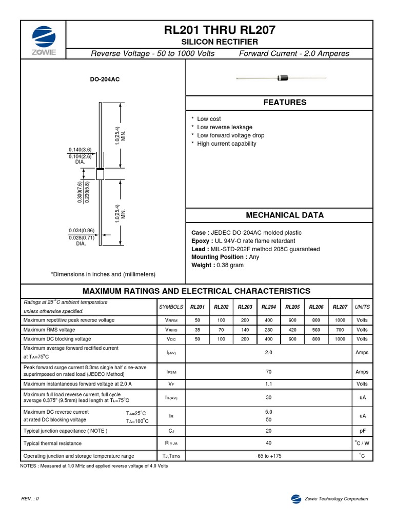 RL201 to RL207 Silicon Rectifiers Datasheet | PDF | Rectifier | Voltage
