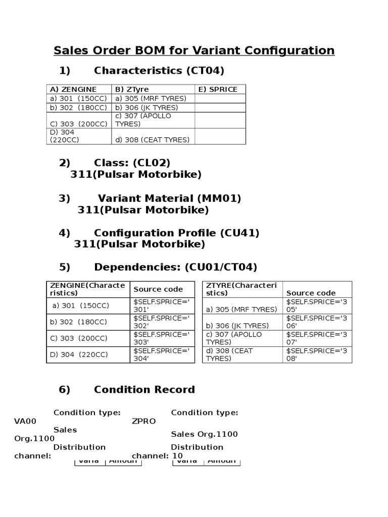 Sales Order BOM For Variant Configuration: 1) Characteristics (CT04) | PDF