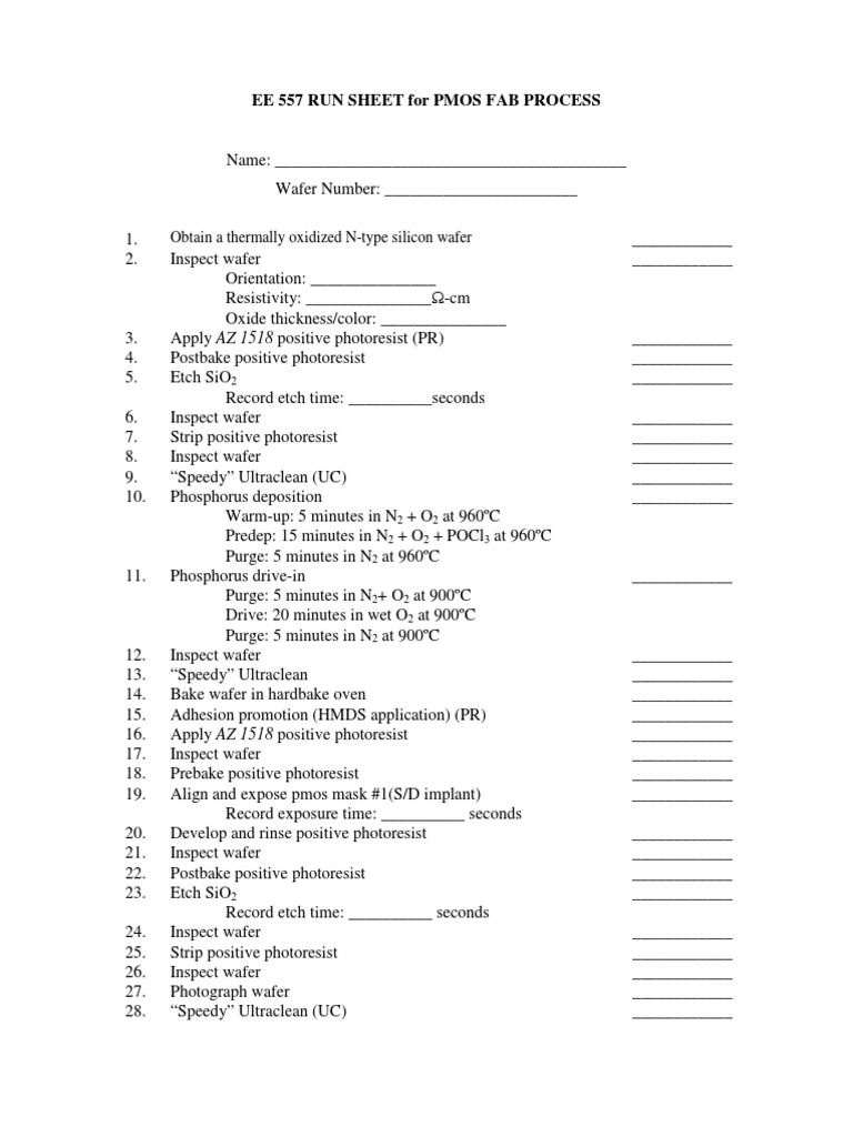 PMOS Runsheet | PDF | Wafer (Electronics) | Microtechnology