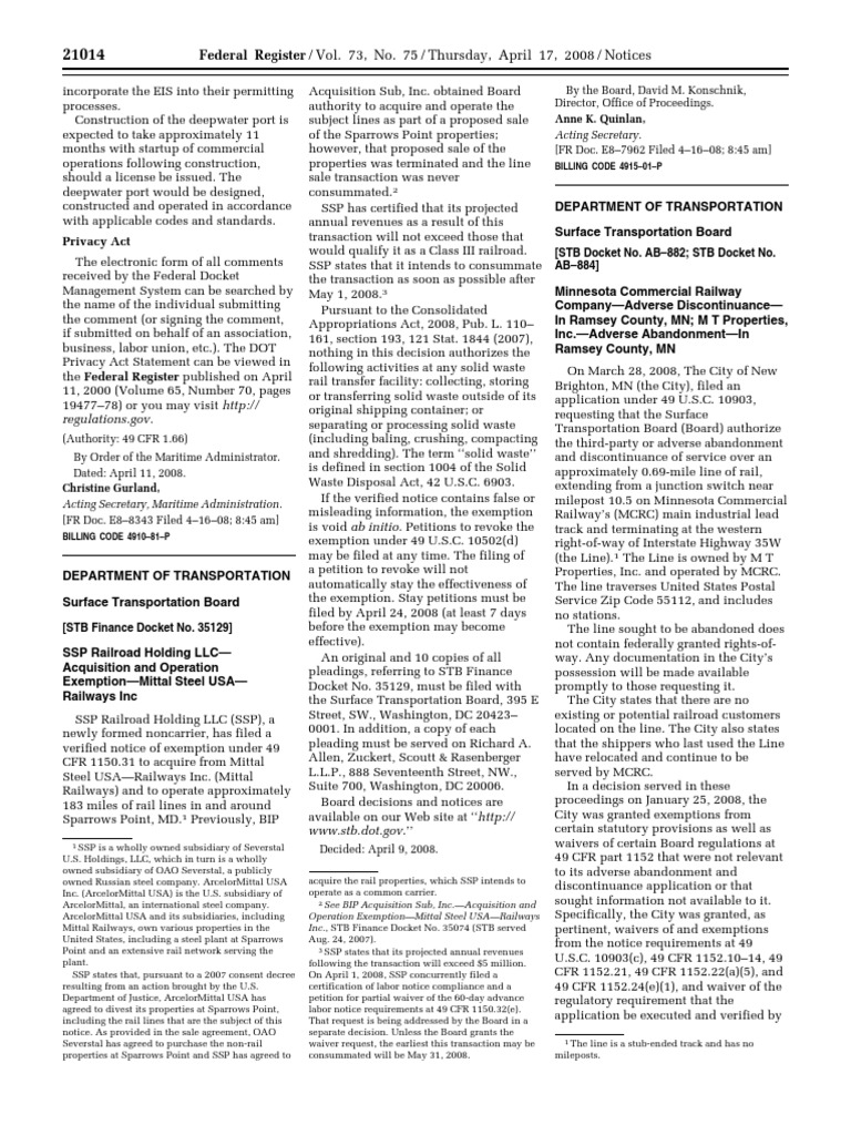 Notice: Acquisition and Operation Exemption: SSP Railroad Holding LLC ...