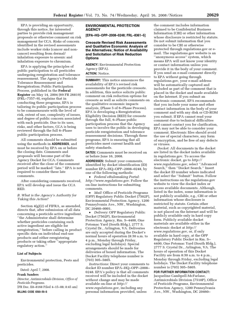 Notice: Chromated Copper Arsenate Revised Risk Assessments ...