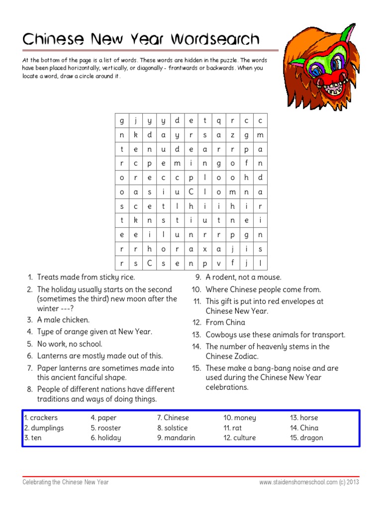 Chinese New Year Worksheet with Answer Key Wordsearch puzles | Word ...
