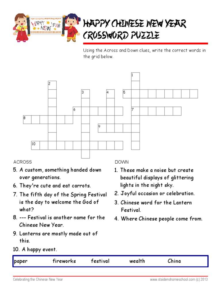 Chinese New Year Crossword Puzzle Worksheet With Answer Key | PDF ...