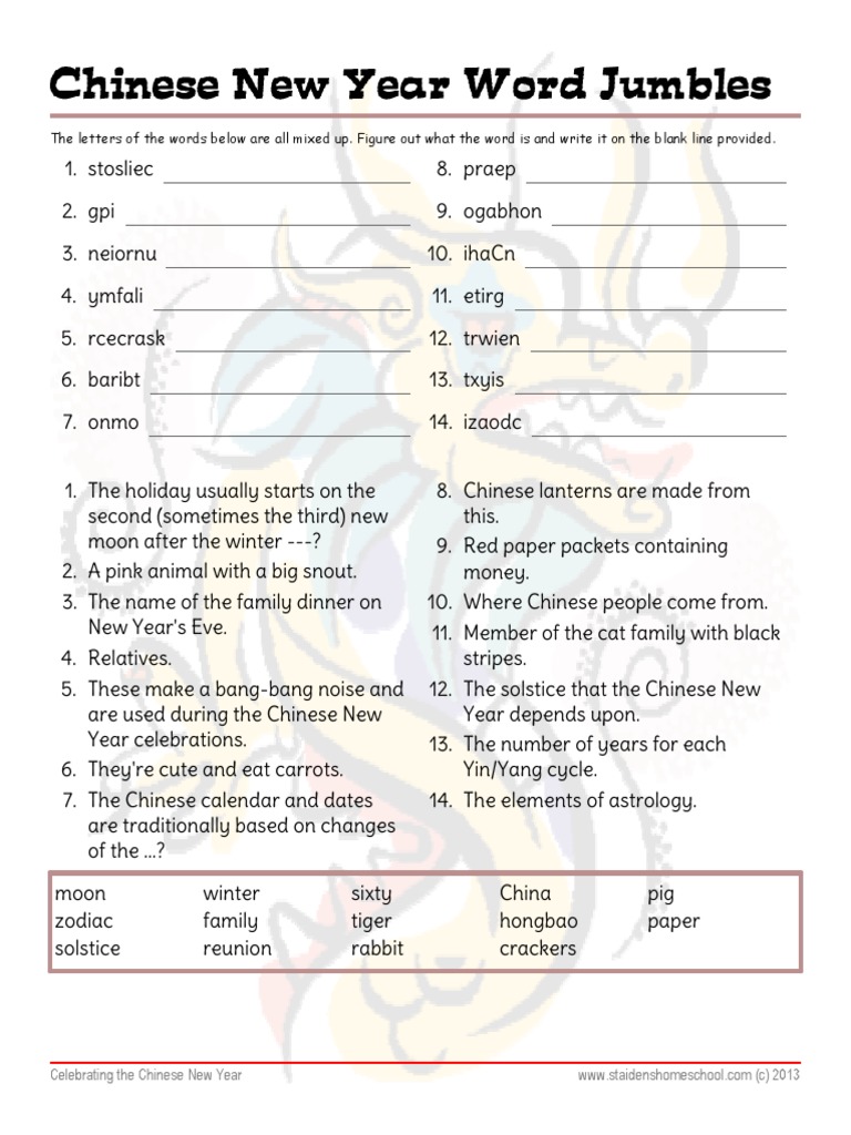 Chinese New Year Worksheet With Answer Key Wod Jumble | PDF | Foreign ...