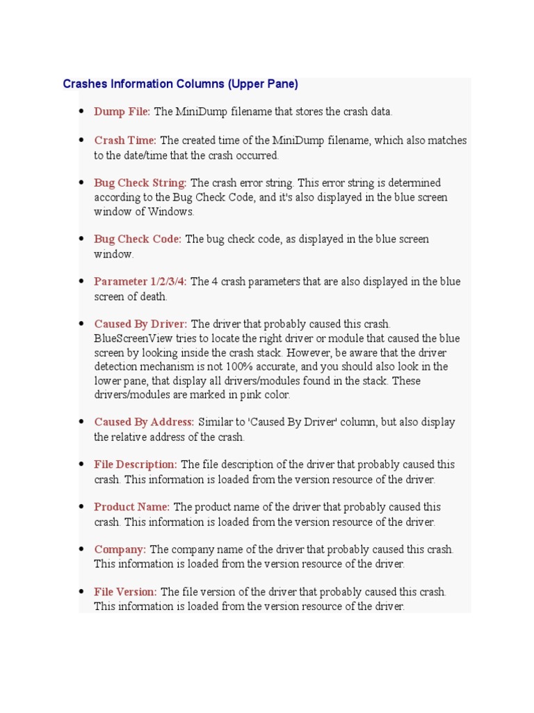 Dump File: Crash Time:: Crashes Information Columns (Upper Pane) | PDF ...