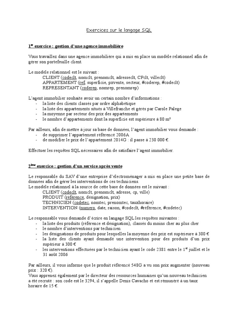 Exercices Sur Le Langage SQL | PDF