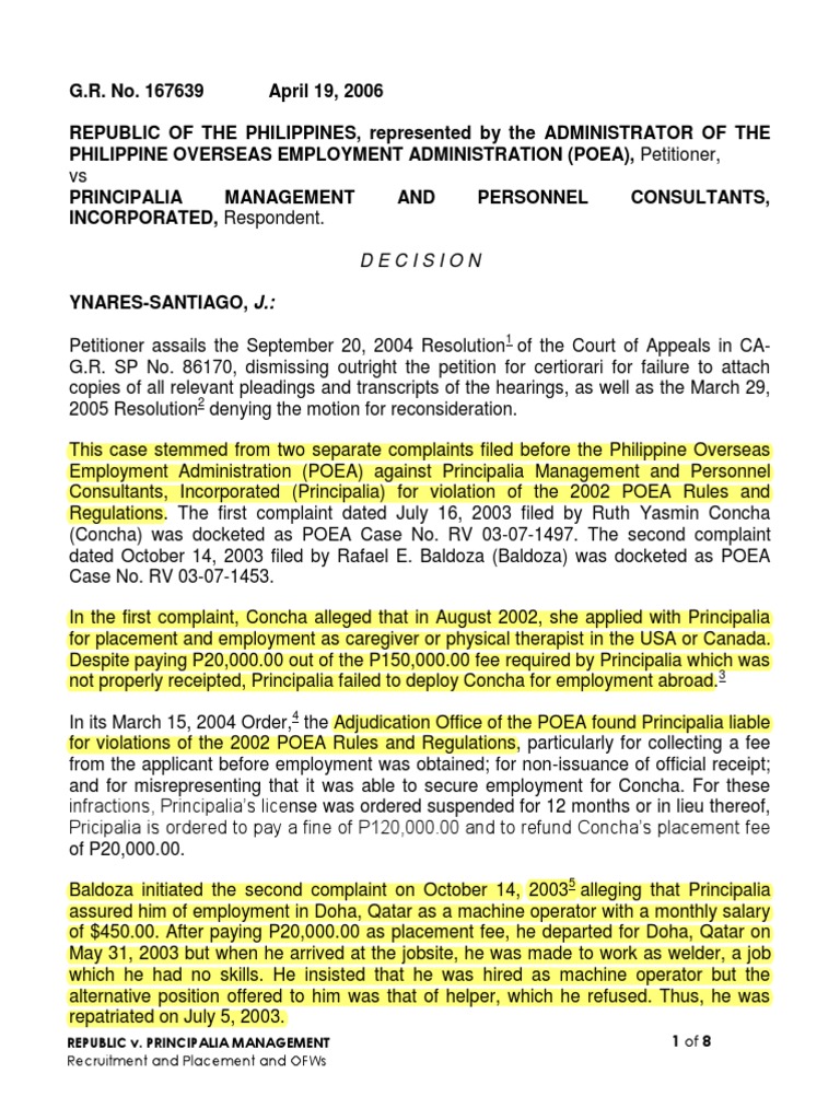 Principalia Management POEA Case Summary | PDF | Injunction | Certiorari