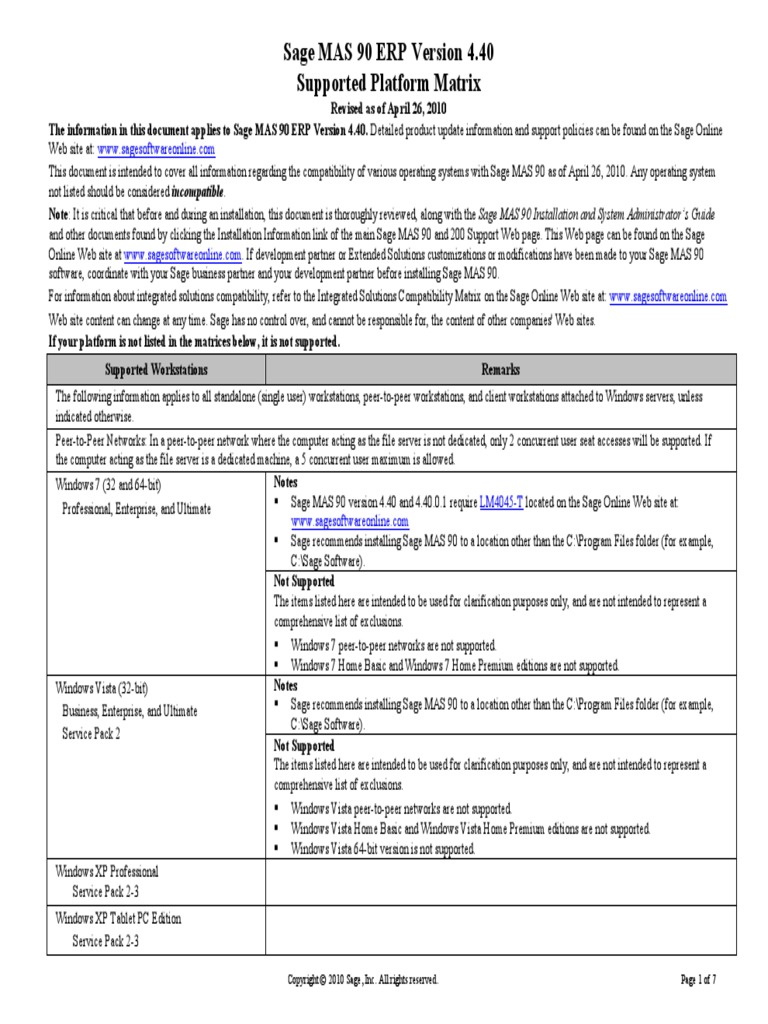 MAS90 Version 4.4 Supported Platforms Matrix | PDF | Business