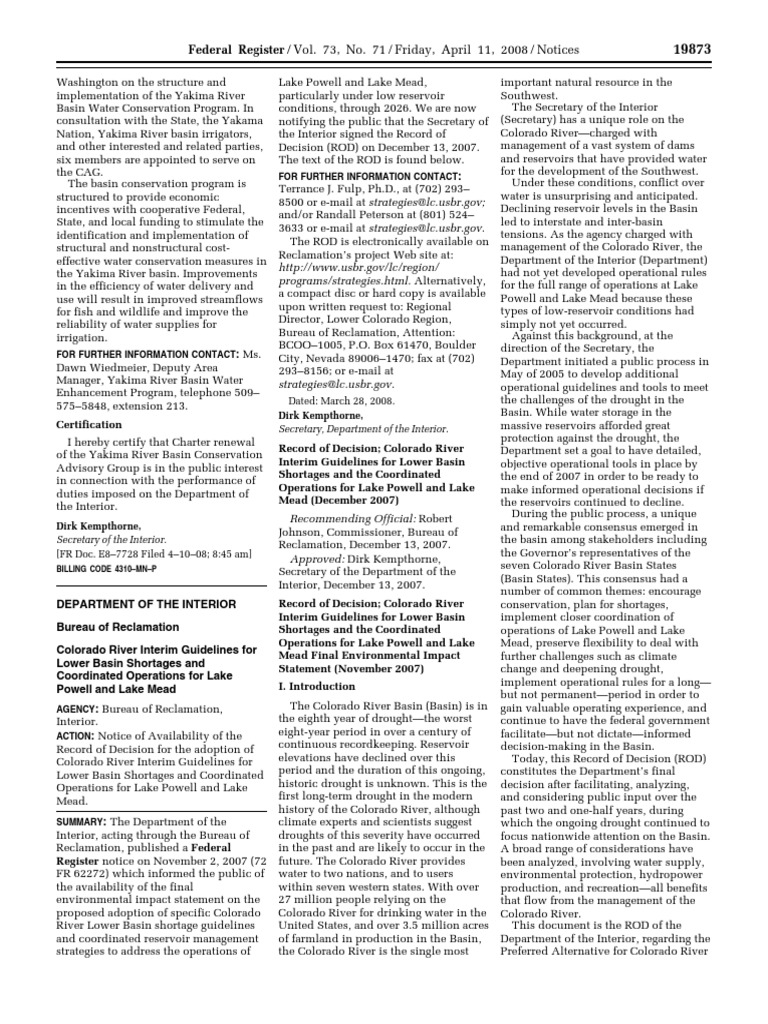 Notice: Interim Guidelines Colorado River Lower Basin Shortages and ...